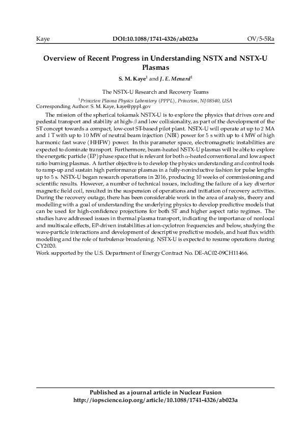 (PDF) Overview of Recent Progress in Understanding NSTX and NSTX-U Plasmas