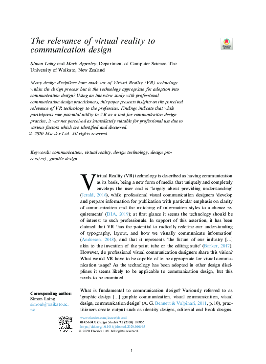 (PDF) The relevance of virtual reality to communication design