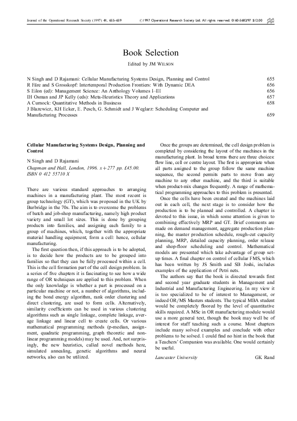 (PDF) Cellular Manufacturing Systems: Design, Planning and Control