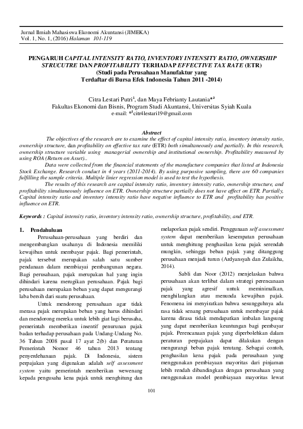 (PDF) Pengaruh Capital Intensity Ratio, Inventory Intensity Ratio, Ownership Strucutre dan ...