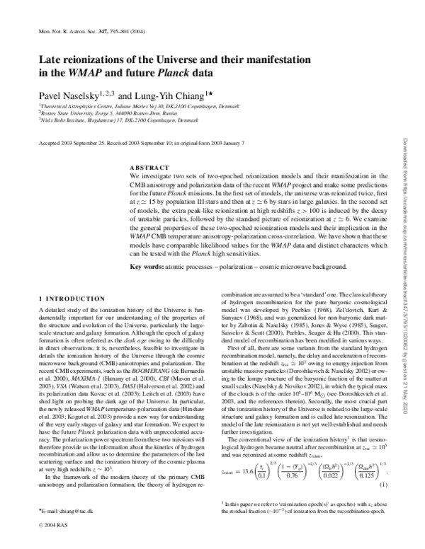 (PDF) Late reionizations of the Universe and their manifestation in the WMAP and future Planck data
