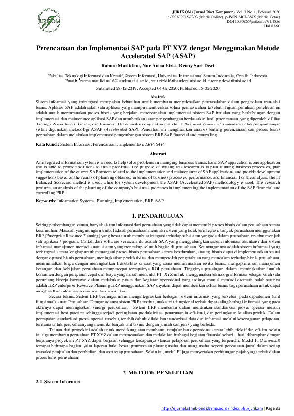 (PDF) Perencanaan dan Implementasi SAP pada PT XYZ dengan Menggunakan Metode Accelerated SAP (ASAP)