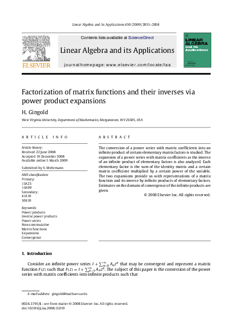 (PDF) Factorization of matrix functions and their inverses via power product expansions
