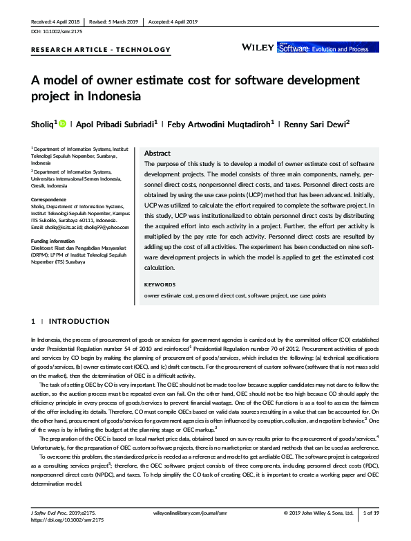 (PDF) A model of owner estimate cost for software development project ...