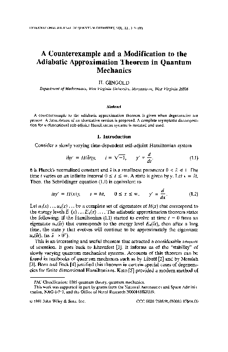 Pdf A Counterexample And A Modification To The Adiabatic Approximation Theorem In Quantum