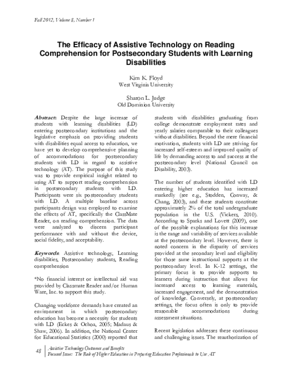 (PDF) The Efficacy of Assistive Technology on Reading Comprehension for ...