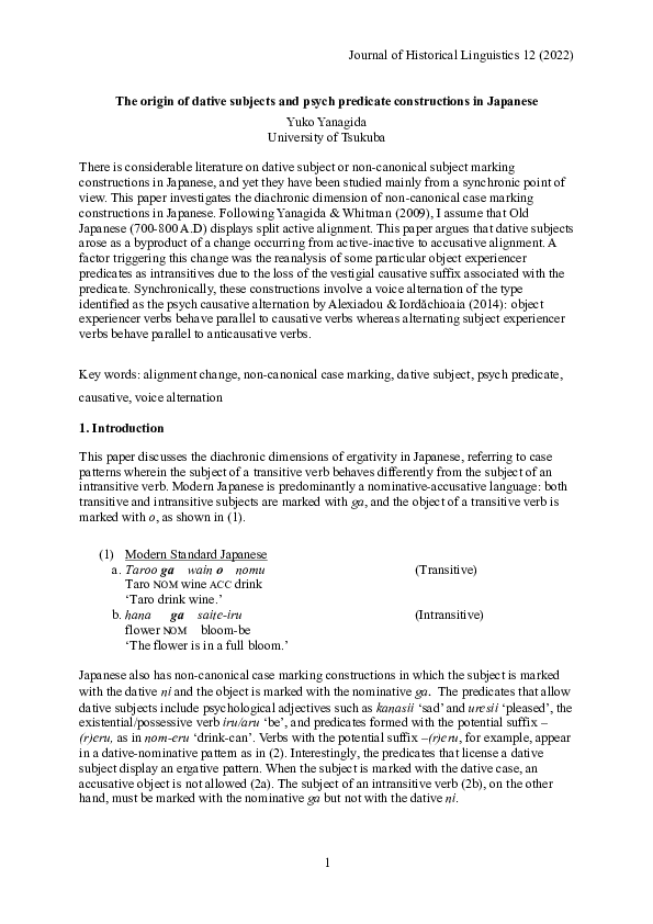 Pdf The Origin Of Dative Subjects And Psych Predicate Constructions In Japanese