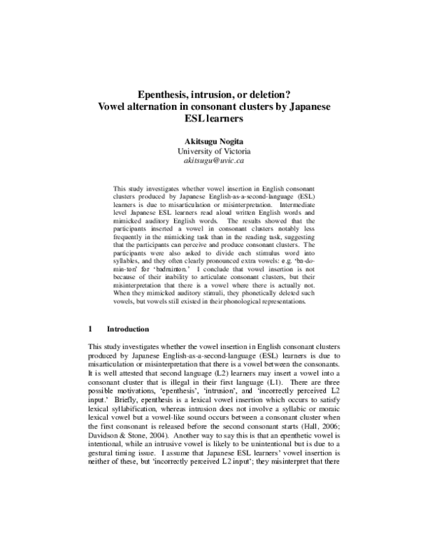 (PDF) Epenthesis, intrusion, or deletion? Vowel alternation in ...