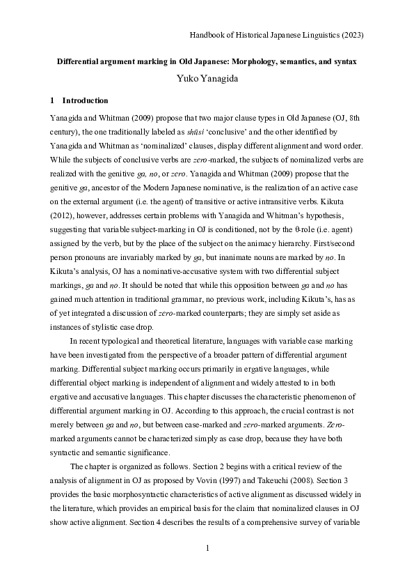 (PDF) Differential argument marking in Old Japanese: Morphology, semantics, and syntax