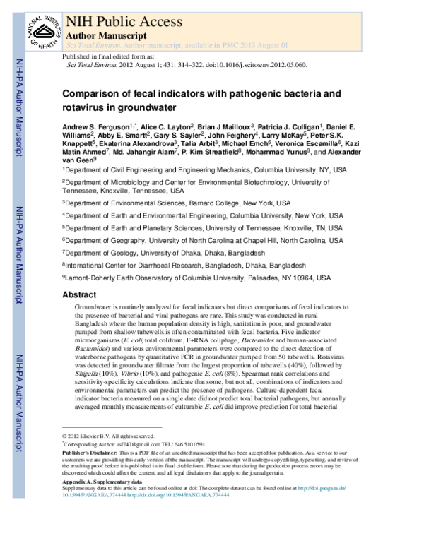 (PDF) Comparison of fecal indicators with pathogenic bacteria and ...