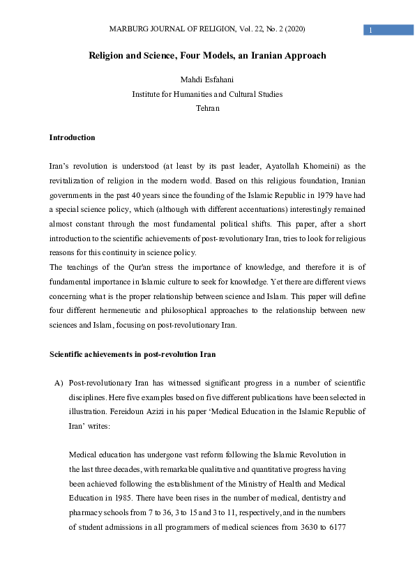 (PDF) Religion and Science, Four Models, an Iranian Approach