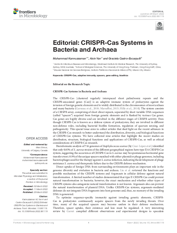 (PDF) Editorial: CRISPR-Cas Systems in Bacteria and Archaea | Aixin Yan - Academia.edu