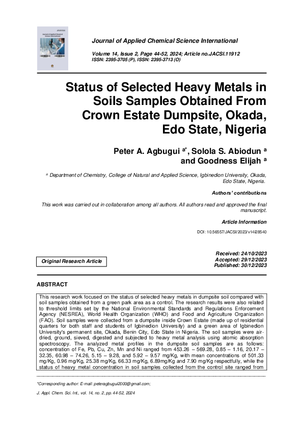 (PDF) Status of Selected Heavy Metals in Soils Samples Obtained From ...