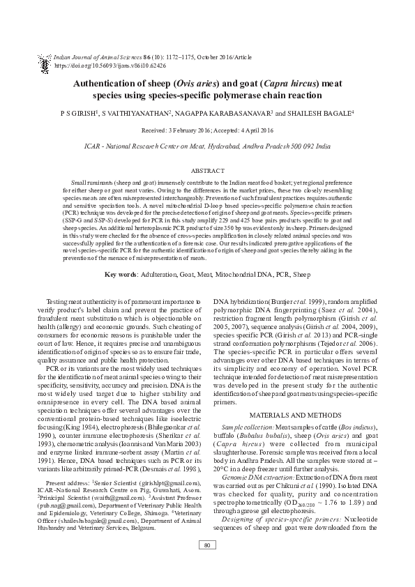 Pdf Authentication Of Sheep Ovis Aries And Goat Capra Hircus Meat Species Using Species