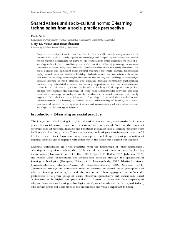 (PDF) Shared values and socio-cultural norms: E-learning technologies from a social practice ...