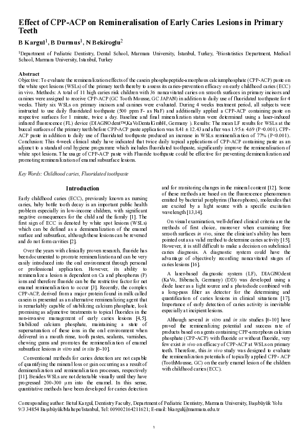 (PDF) Effect of CPP-ACP on Remineralisation of Early Caries Lesions in ...