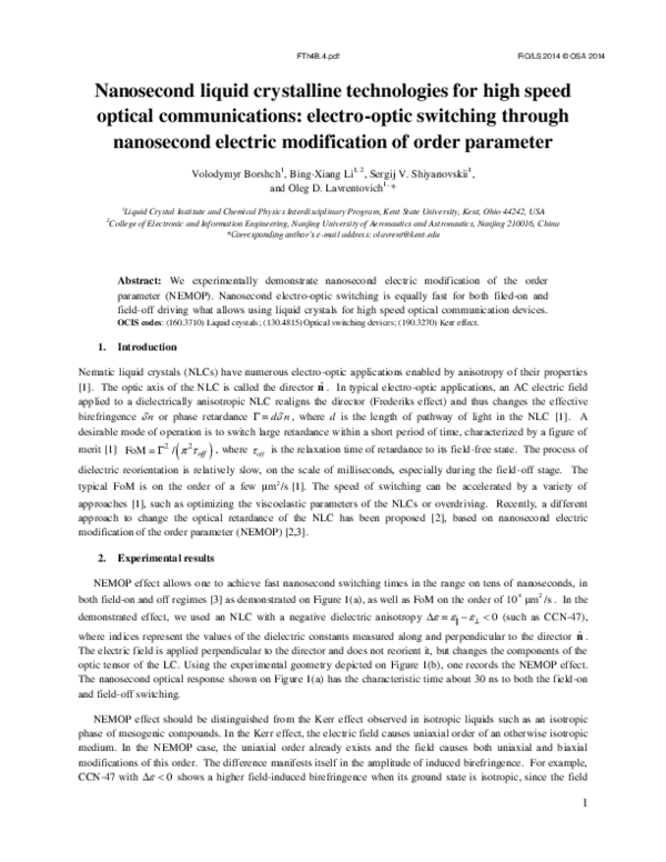 (PDF) Nanosecond liquid crystalline technologies for high speed optical communications: electro ...