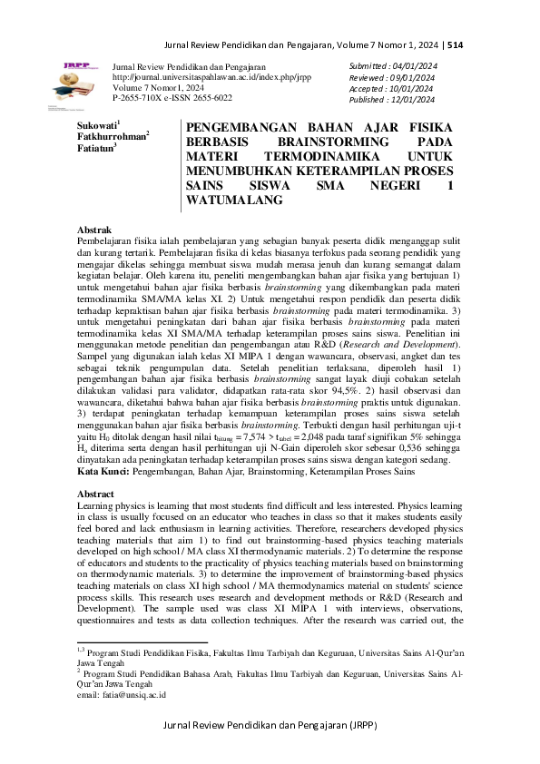 (PDF) PENGEMBANGAN BAHAN AJAR FISIKA BERBASIS BRAINSTORMING PADA MATERI TERMODINAMIKA UNTUK ...
