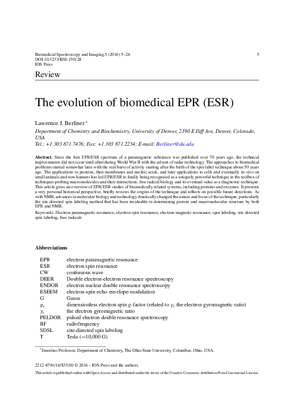 (PDF) The evolution of biomedical EPR (ESR)