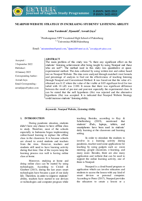 (PDF) Nearpod Website Strategy in Increasing Students' Listening Ability