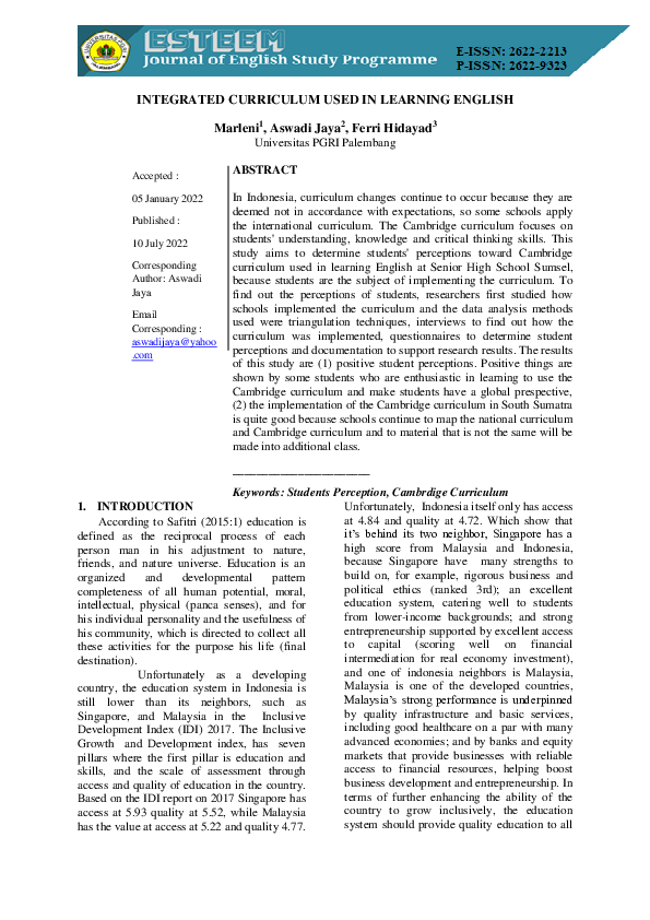 (PDF) Integrated Curriculum Used in Learning English