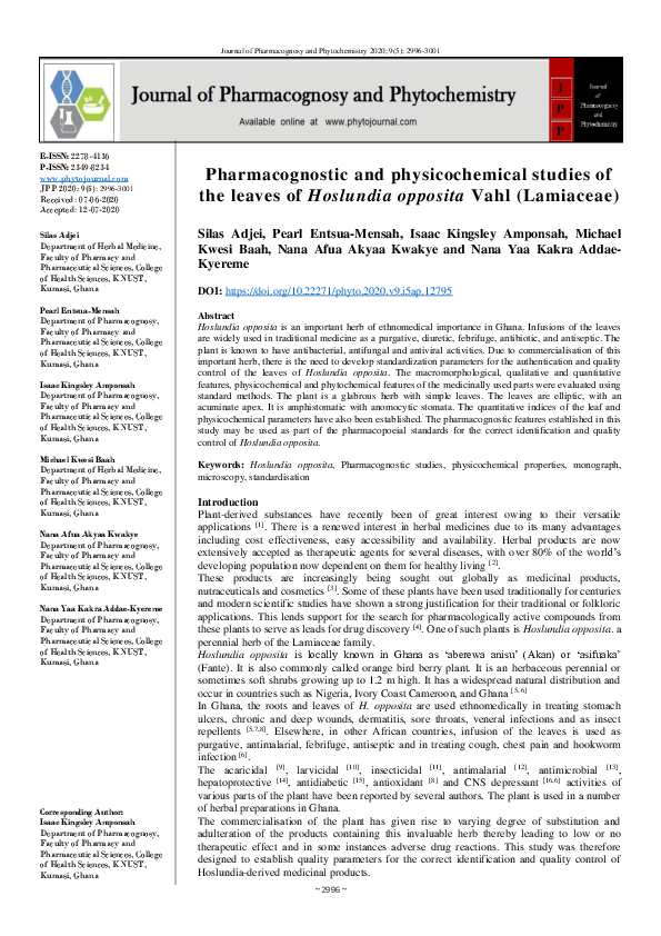 (PDF) Pharmacognostic and physicochemical studies of the leaves of Hoslundia opposita Vahl ...
