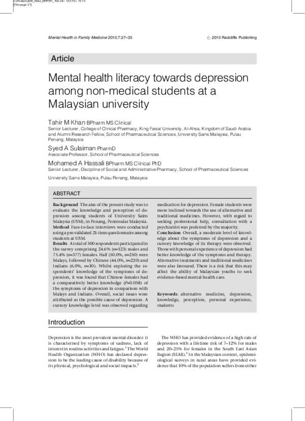 Pdf Mental Health Literacy Towards Depression Among Non Medical
