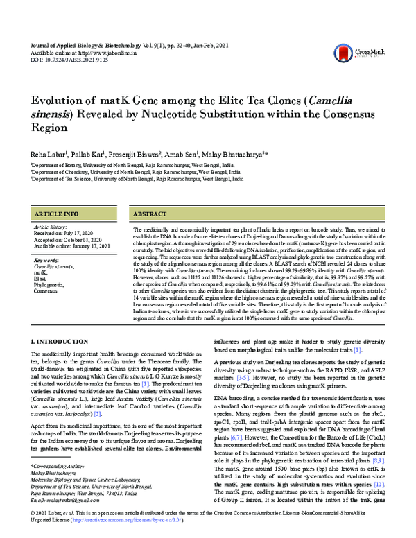 (PDF) Evolution of matK Gene among the Elite Tea Clones (Camellia ...