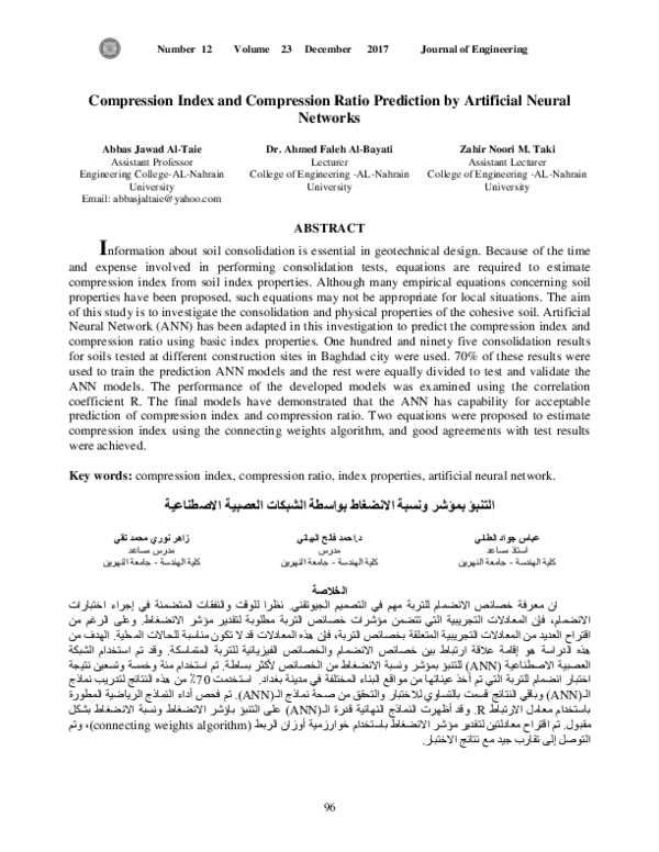 (PDF) Compression Index and Compression Ratio Prediction by Artificial Neural Networks