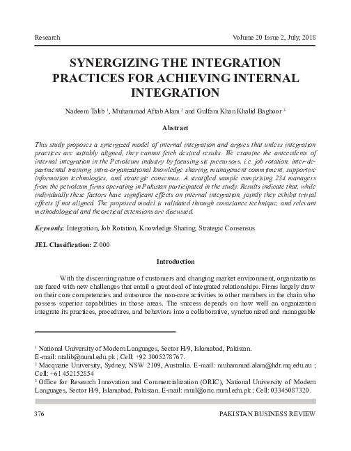(PDF) Synergizing the Integration Practices for Achieving Internal Integration | NADEEM TALIB ...