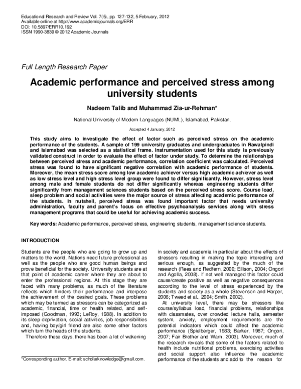 (PDF) Academic performance and perceived stress among university students