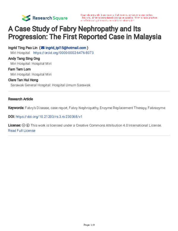 (PDF) A Case Study of Fabry Nephropathy and Its Progression: The First Reported Case in Malaysia
