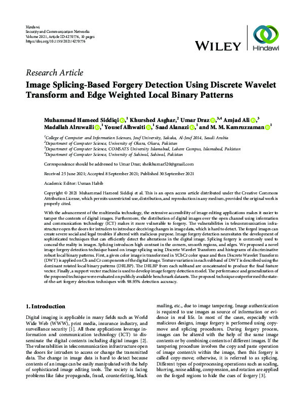 (PDF) Image Splicing-Based Forgery Detection Using Discrete Wavelet Transform and Edge Weighted ...