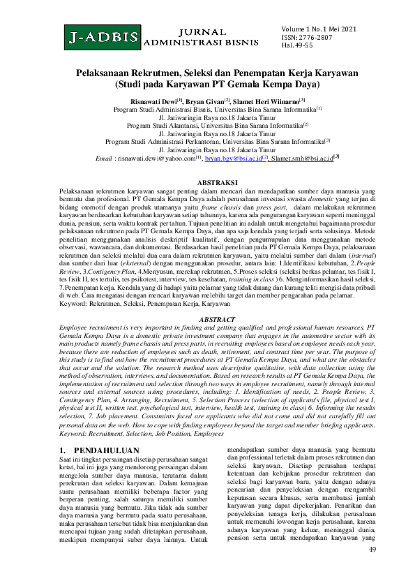 (PDF) Pelaksanaan Rekrutmen, Seleksi dan Penempatan Kerja Karyawan ...
