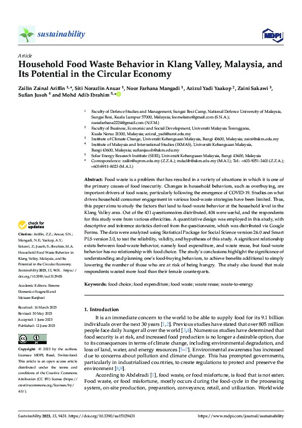 (PDF) Household Food Waste Behavior in Klang Valley, Malaysia, and Its ...