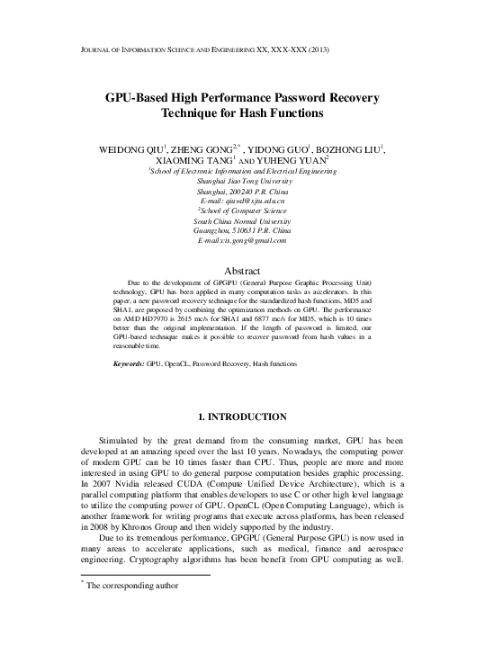 (PDF) GPU-Based High Performance Password Recovery Technique for Hash Functions