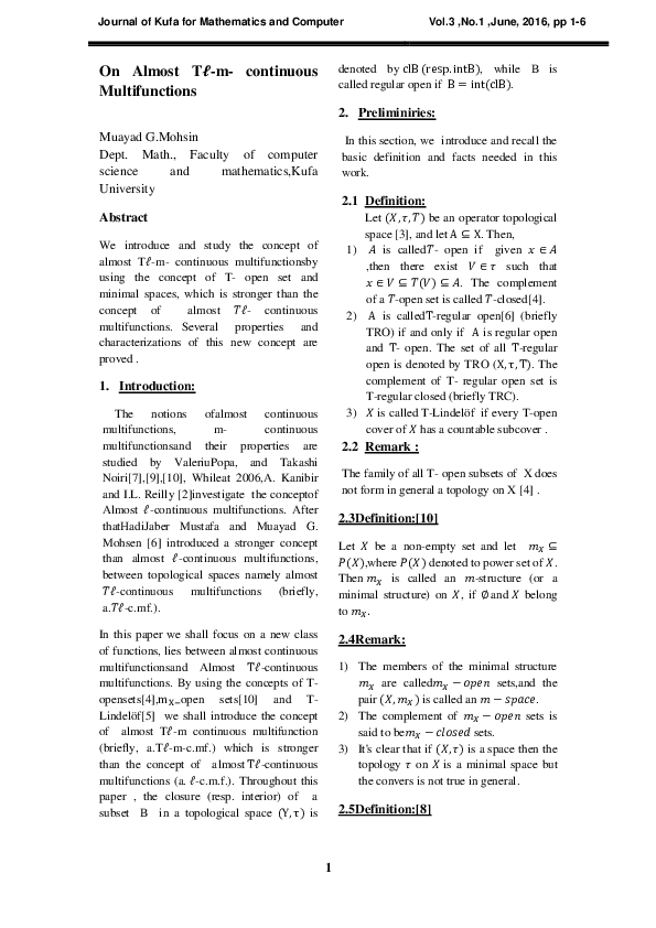 (PDF) On Almost Tl -m- continuous Multifunctions | Muayad Mohsin - Academia.edu