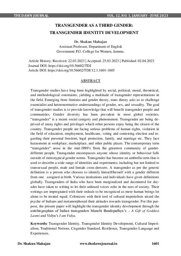 (PDF) Transgender as a Third Gender: Transgender Identity Development