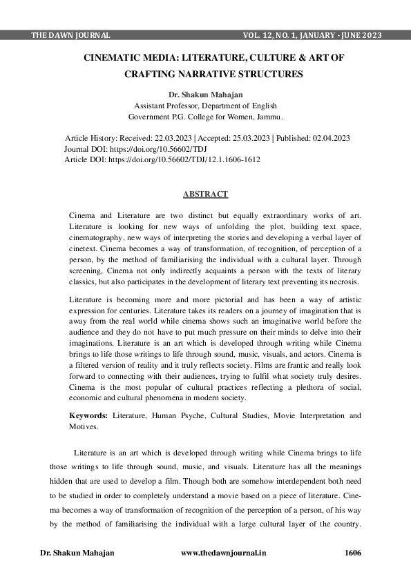 (PDF) Cinematic Media: Literature, Culture & Art of Crafting Narrative ...