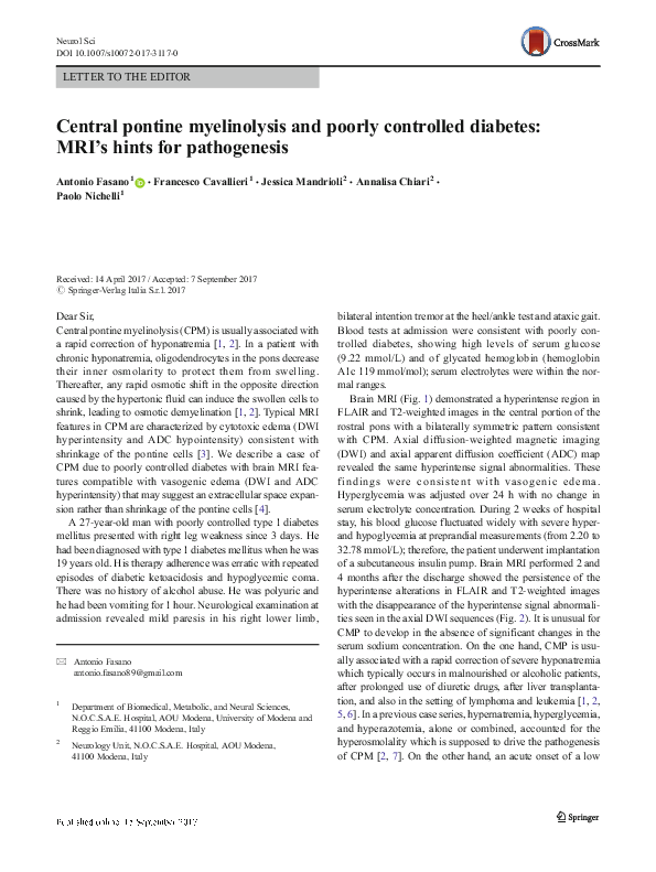 (PDF) Central pontine myelinolysis and poorly controlled diabetes: MRI ...
