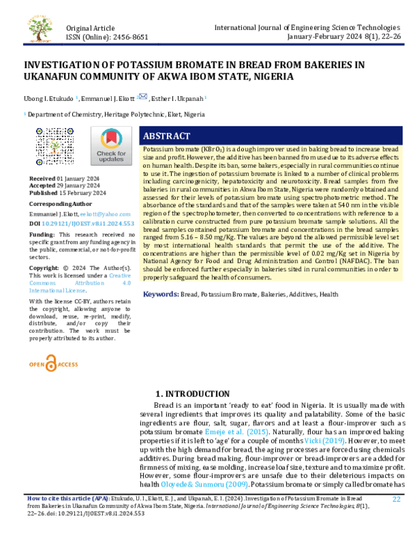 (PDF) INVESTIGATION OF POTASSIUM BROMATE IN BREAD FROM BAKERIES IN ...