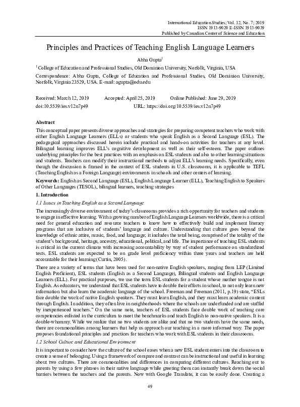 (PDF) Principles and Practices of Teaching English Language Learners