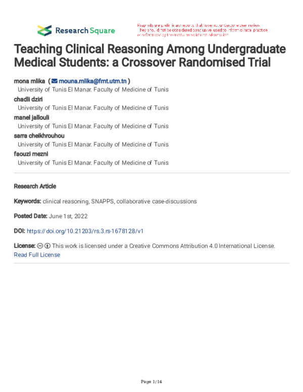 (PDF) Teaching Clinical Reasoning Among Undergraduate Medical Students ...