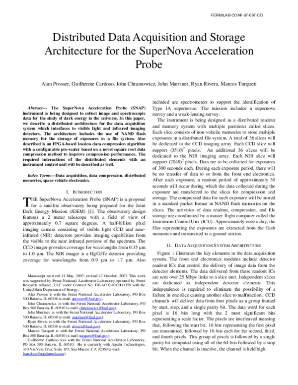 (PDF) Data Acquisition, Storage and Control Architecture for the SuperNova Acceleration Probe
