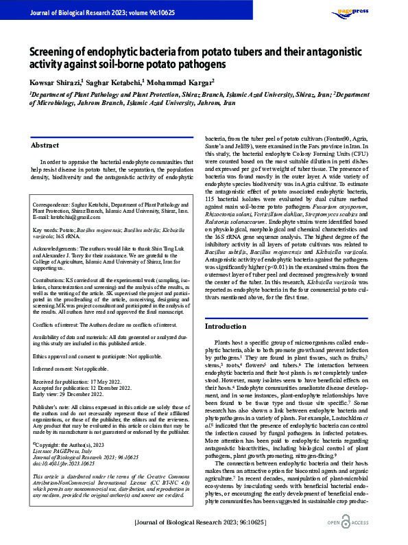 (PDF) Screening of endophytic bacteria from potato tubers and their ...