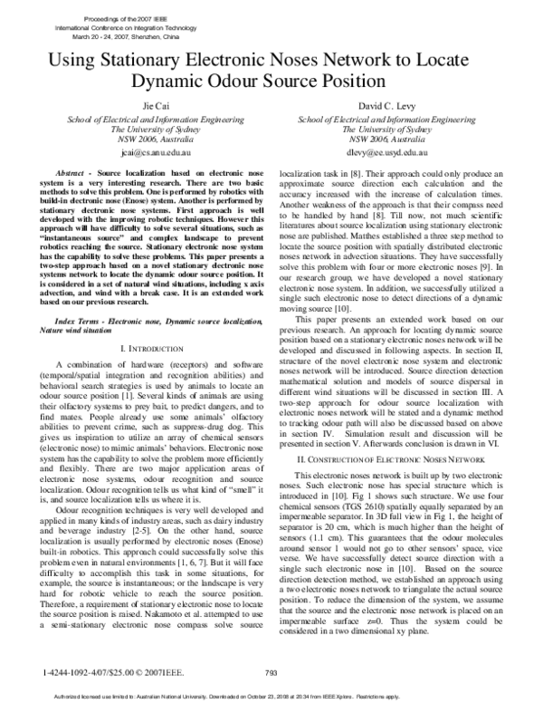 (PDF) Using Stationary Electronic Noses Network to Locate Dynamic Odour Source Position | David ...