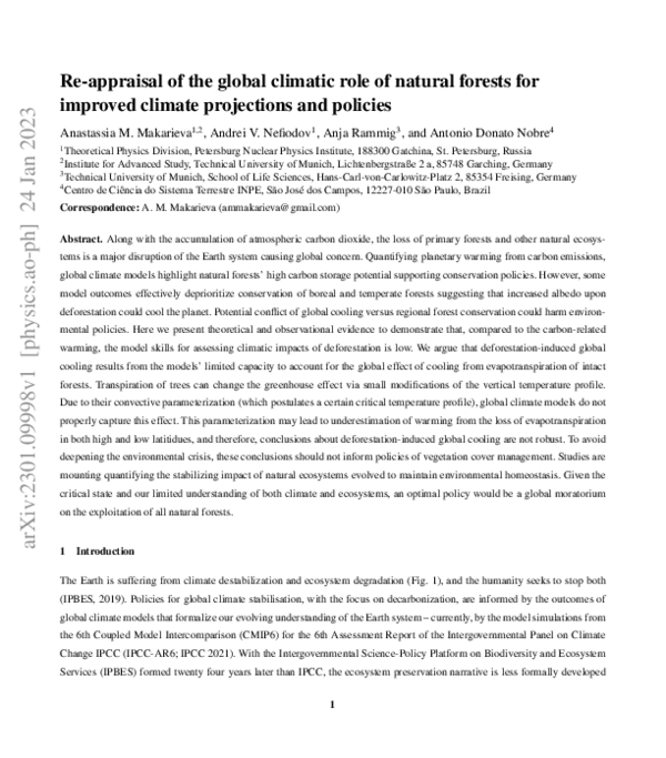 (PDF) Re-appraisal of the global climatic role of natural forests for ...