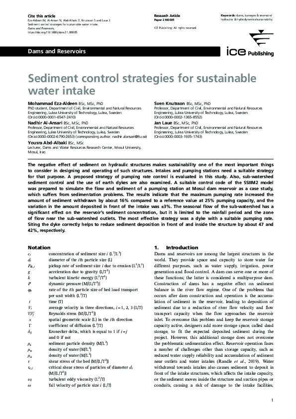 (PDF) Sediment control strategies for sustainable water intake