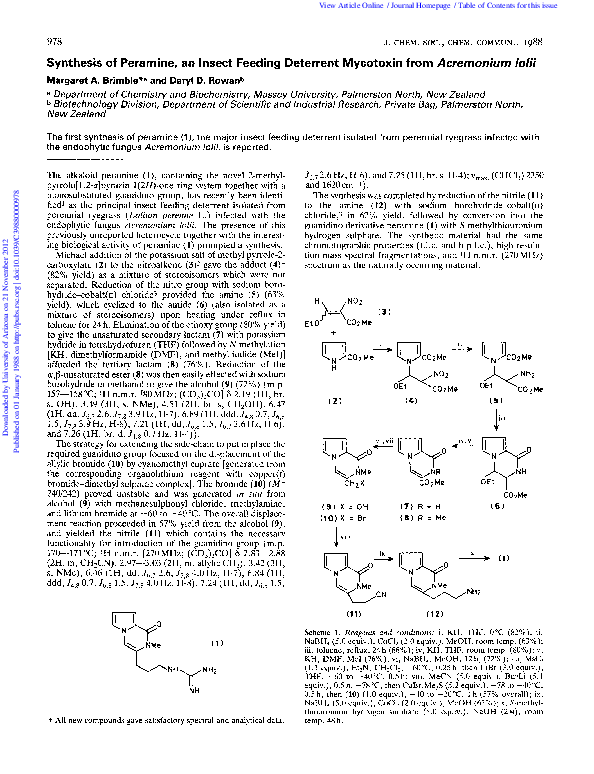 (PDF) Synthesis of peramine, an insect feeding deterrent mycotoxin from ...