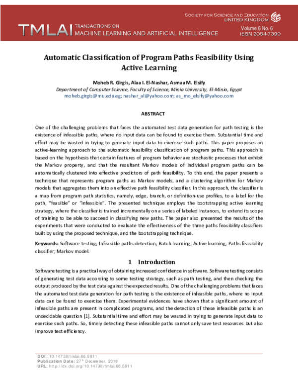 (PDF) Automatic Classification of Program Paths Feasibility Using Active Learning